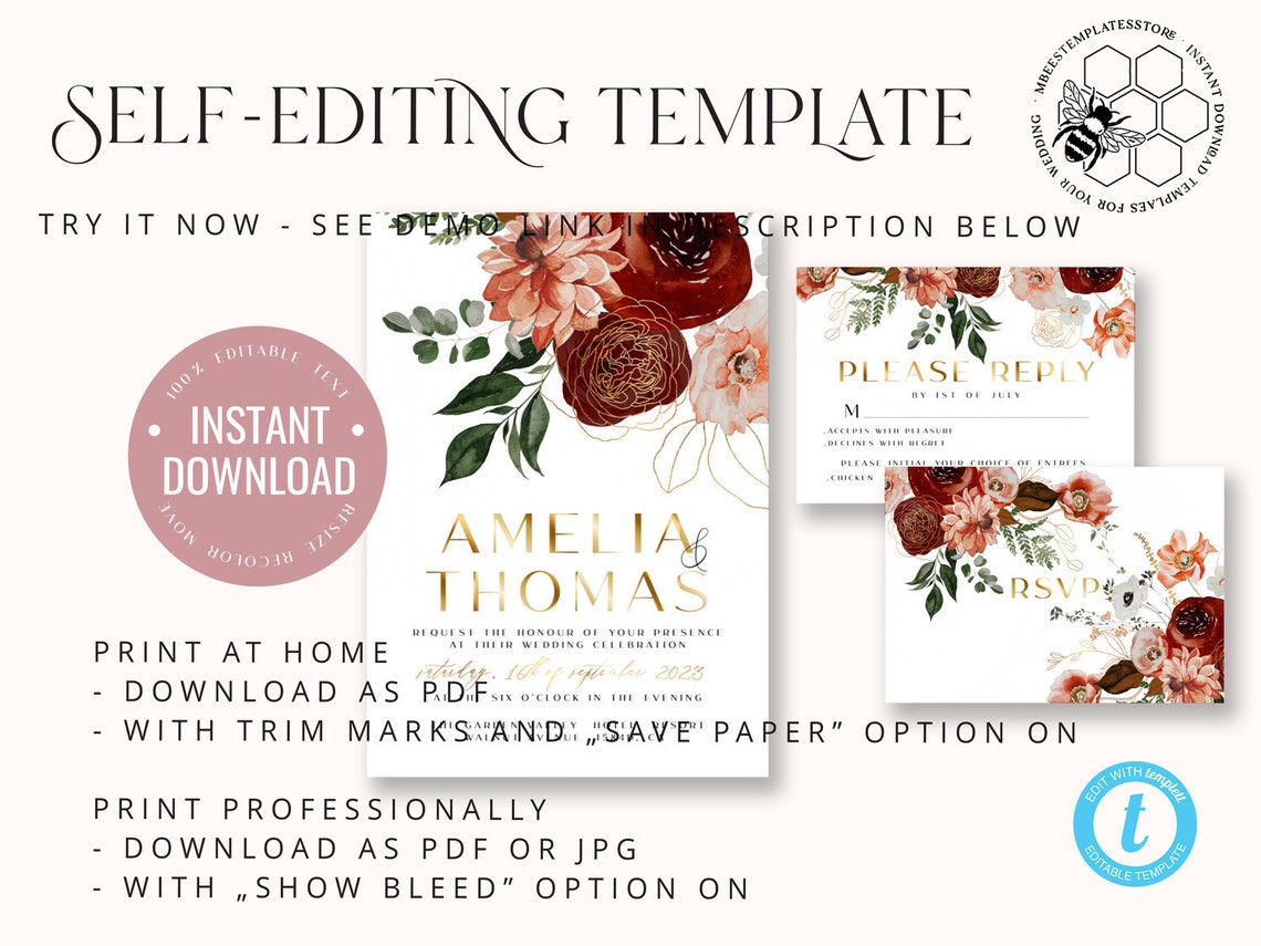 Boho Fall Wedding Invitations Set Template Instant Download - Etsy