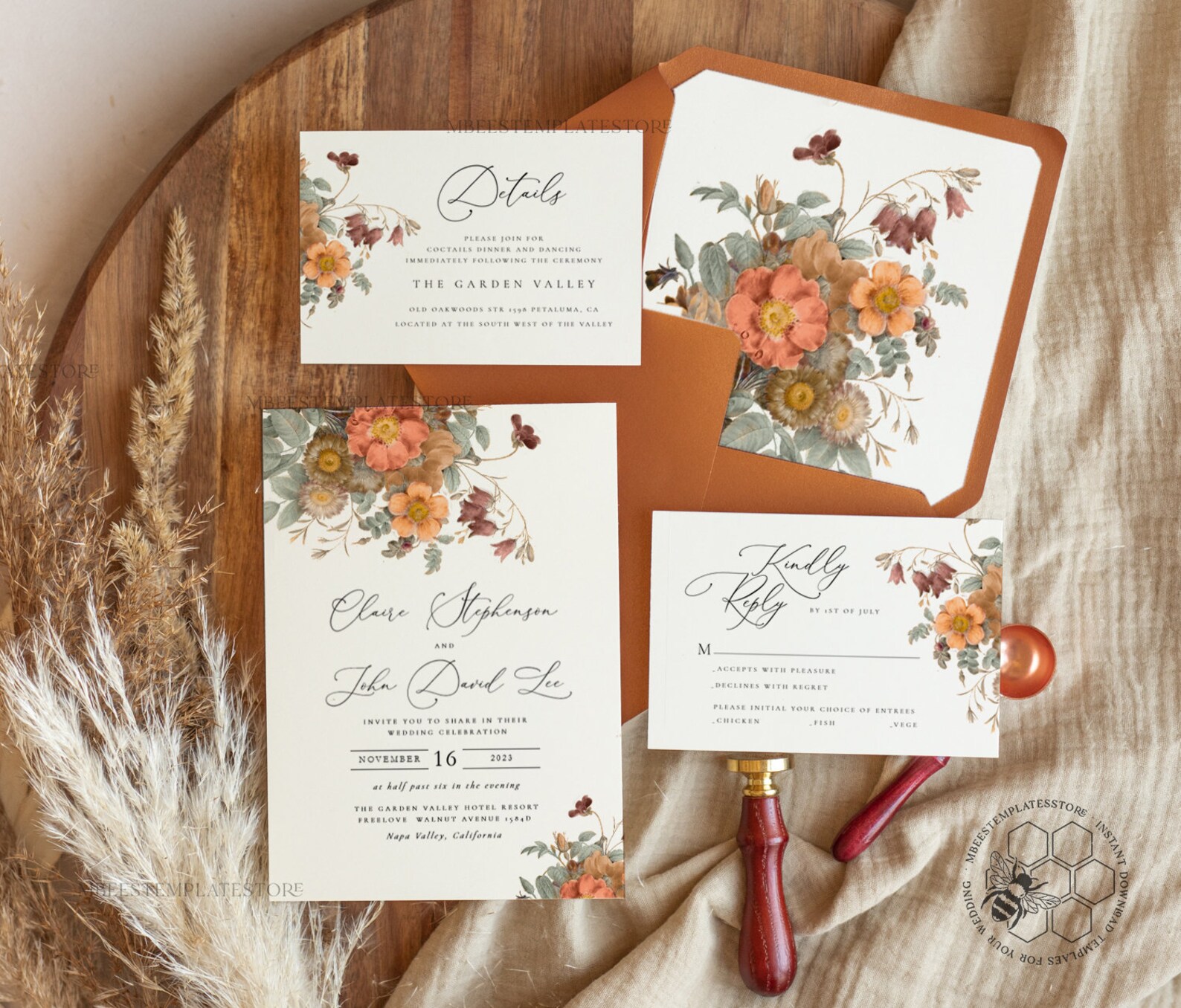 Boho Fall Wedding Invitations Set Template Instant Download - Etsy