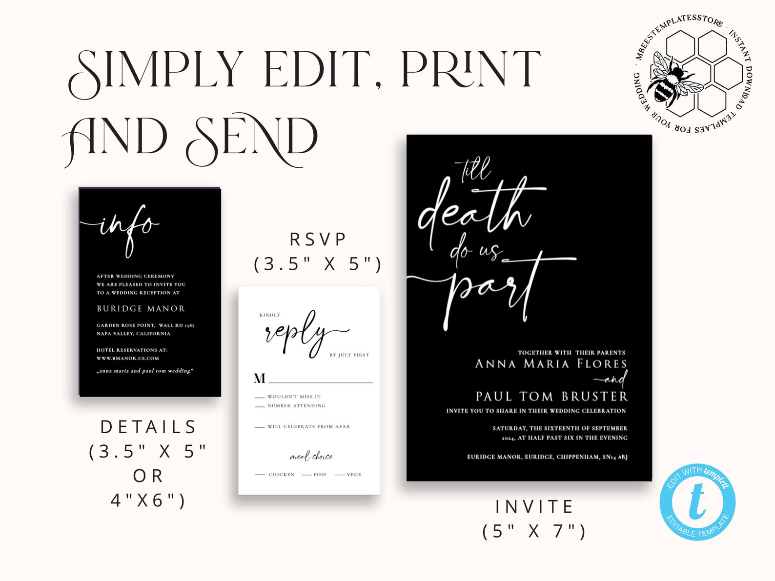 Black Wedding Invitation Template, Instant Download Tarot Wedding ...