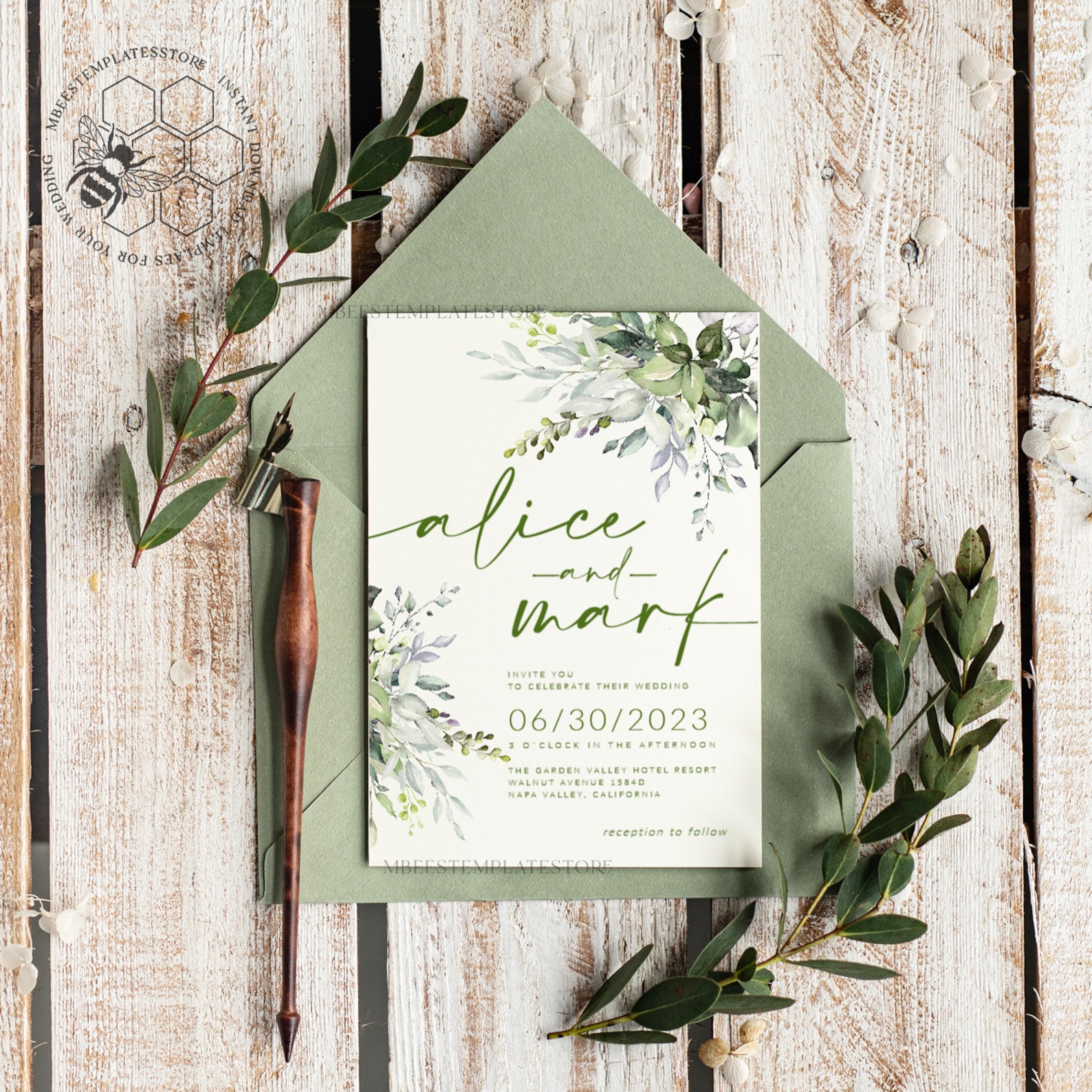 Sage Green Wedding Invitation Template Instant Download - Etsy