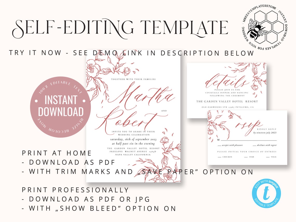 Maroon Fall Wedding Invitation Template Instant Download Boho - Etsy