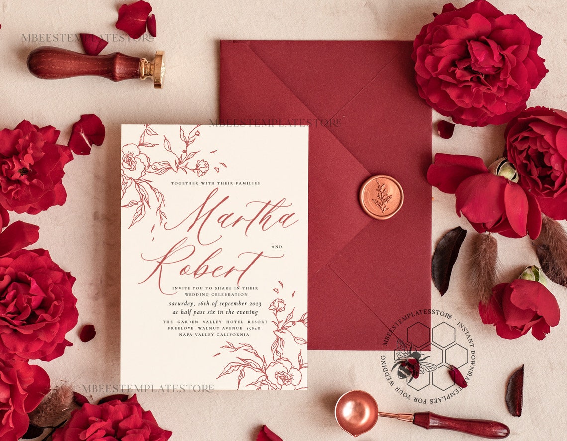 Maroon Fall Wedding Invitation Template Instant Download Boho - Etsy