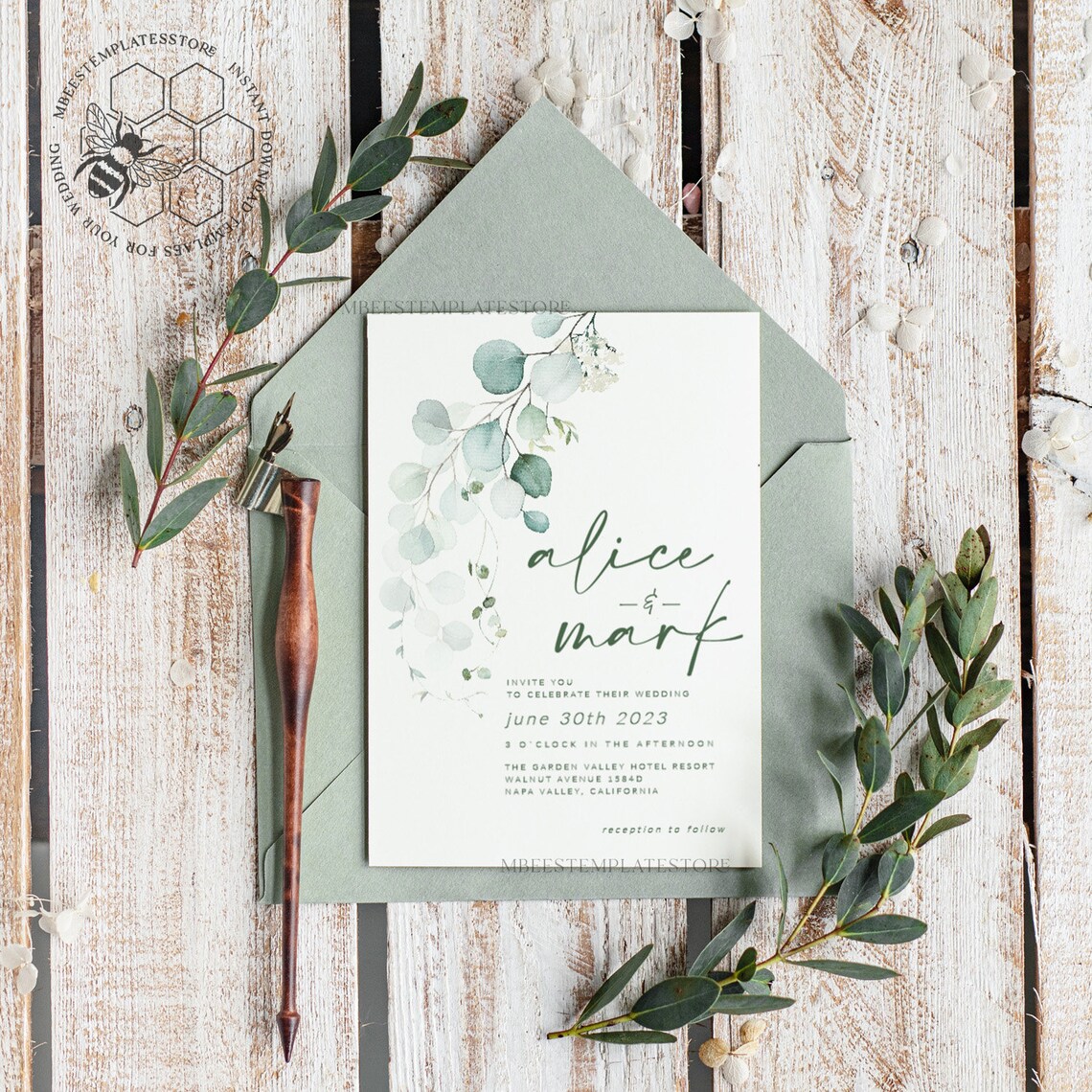 Sage Green Wedding Invitation Template Instant Download - Etsy