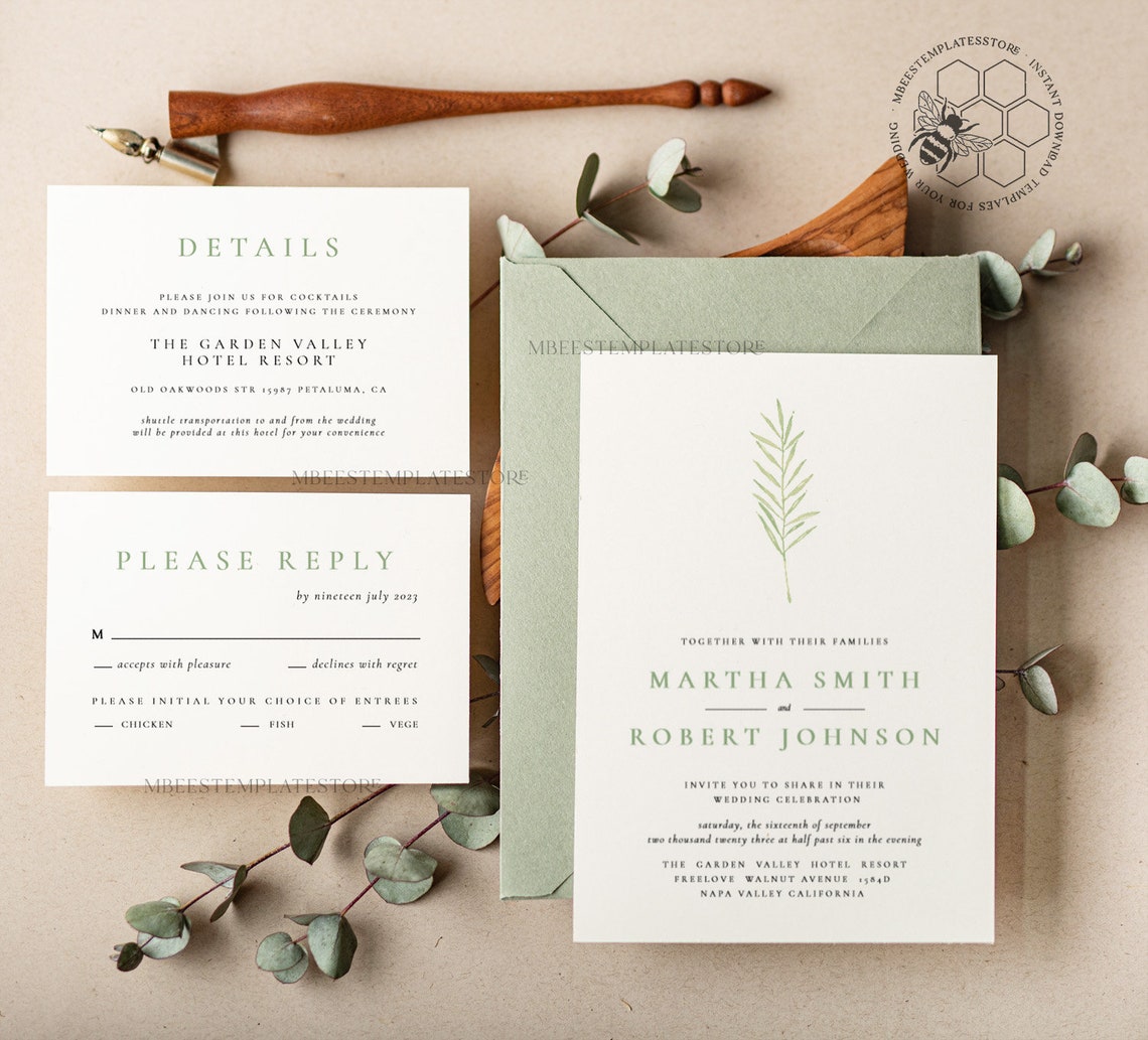 Sage Green Wedding Invitation Template Instant Download - Etsy