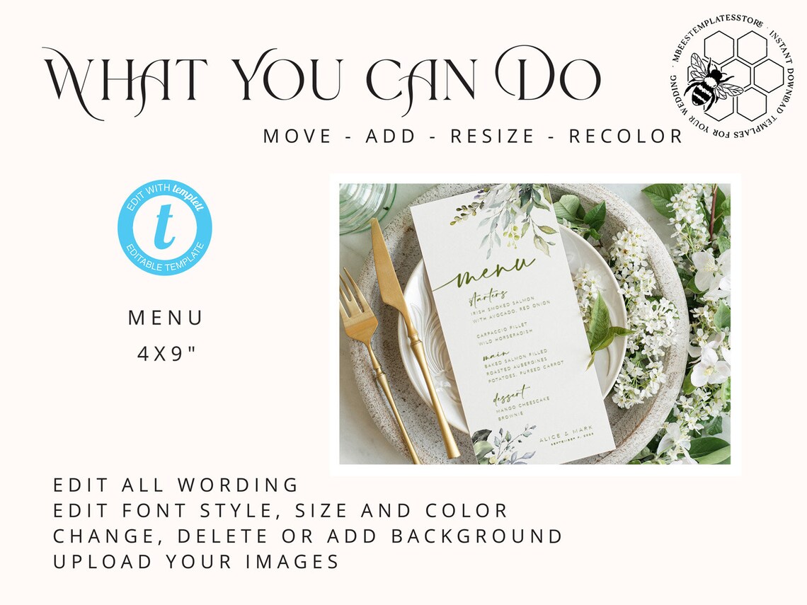 Green Wedding Menu Template Dinner Menus Editable Instant - Etsy