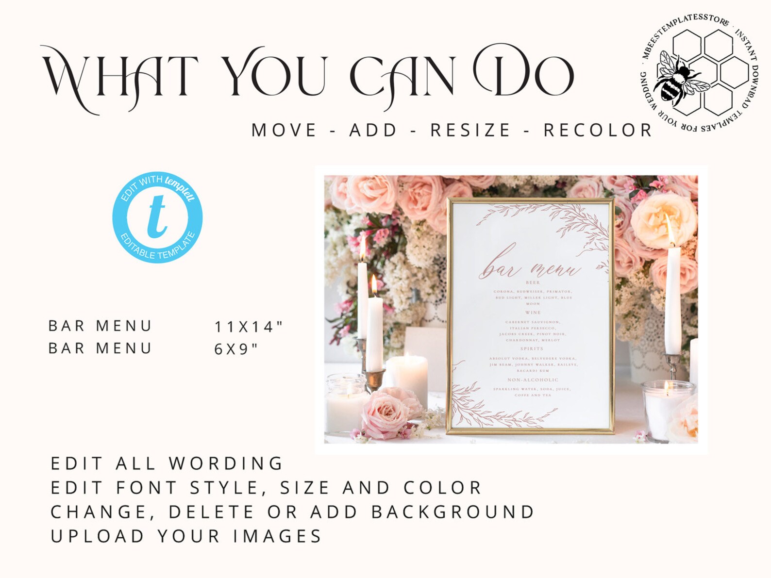 Boho Blush Pink Bar Menu Template Drinks Signs Editable - Etsy