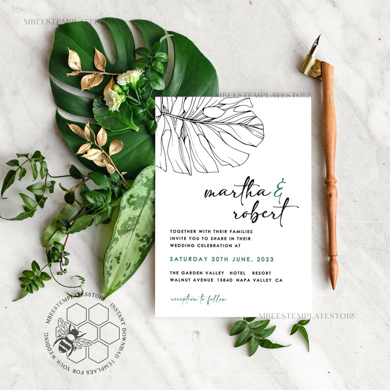 Monstera Green Wedding Invitation Template, Instant Download Greenery ...