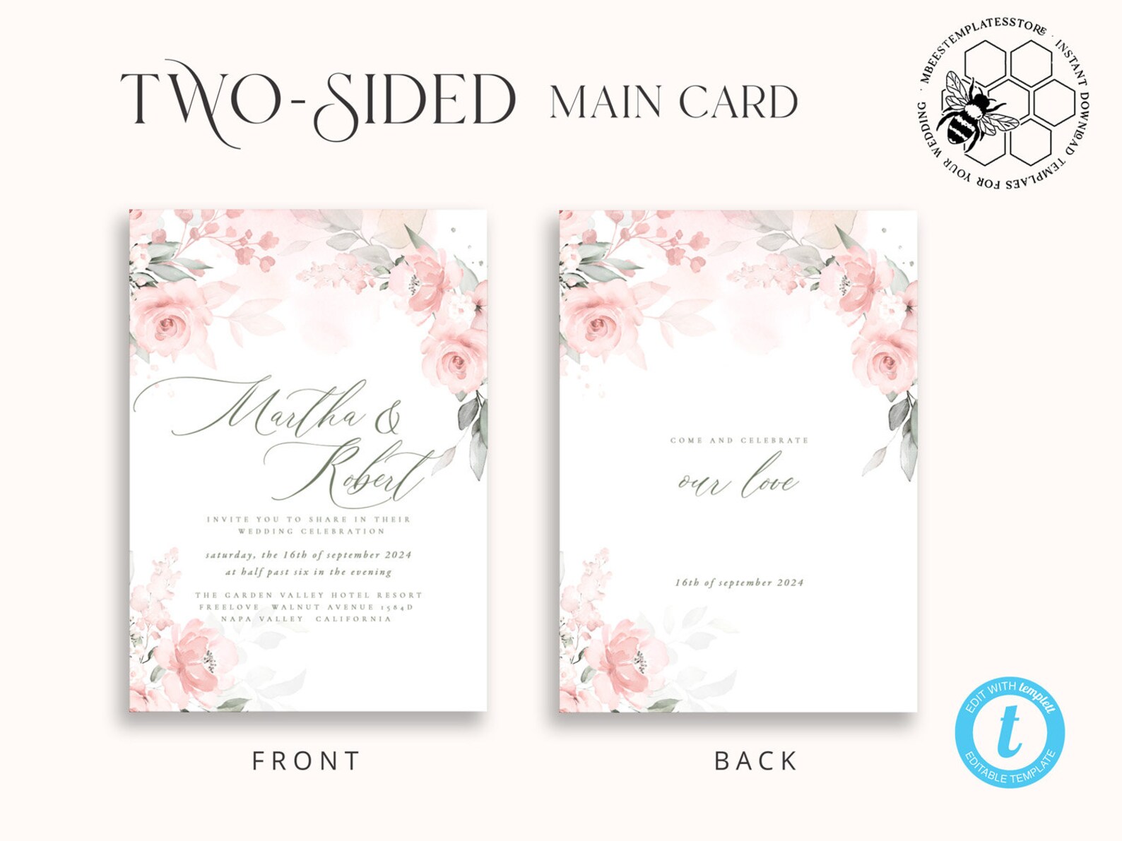 Elegant Rustic Wedding Invitations Set Template, Instant Download ...