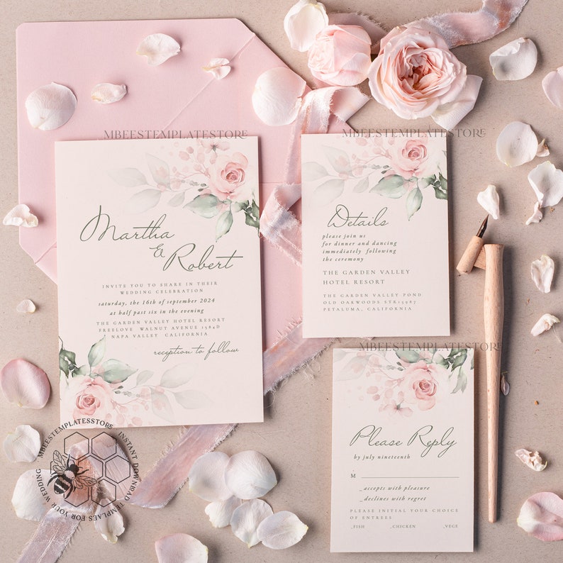 Modern Rustic Wedding Invitations Set Template, Instant Download ...