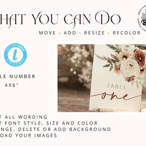 Boho Table Number Template, Rustic Table Numbers Editable, Instant ...