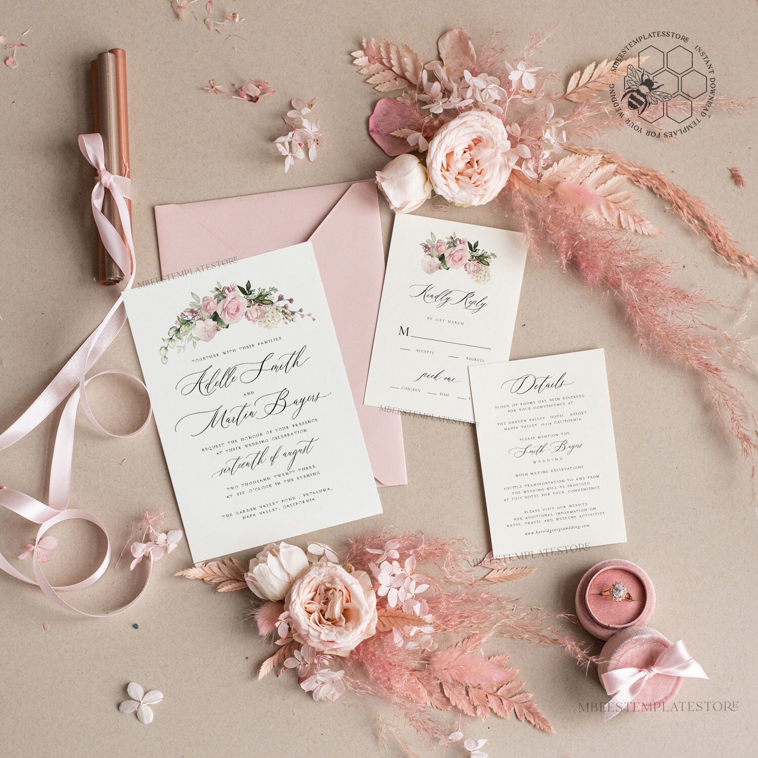 Elegant Blush Wedding Invitation Template Instant Download - Etsy