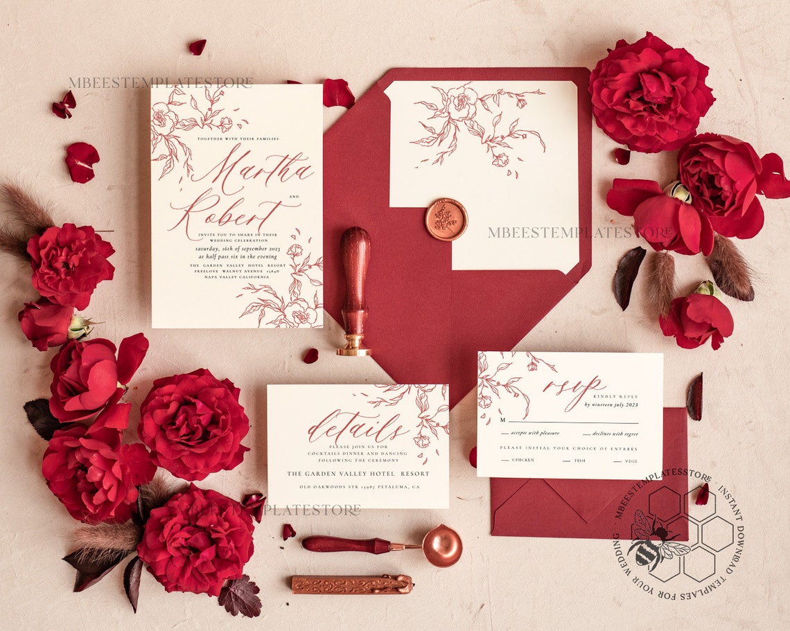 Maroon Fall Wedding Invitation Template Instant Download Boho - Etsy