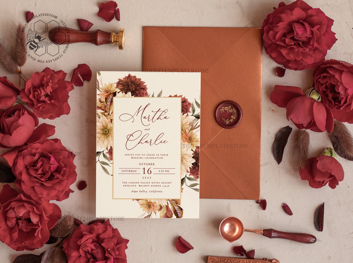 Terracotta Fall Wedding Invitation Template, Instant Download Boho ...