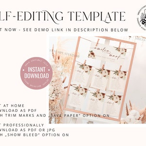 Boho Wedding Seating Chart Cards Template, Printable Seating Chart ...