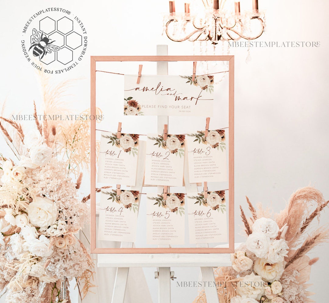 Boho Wedding Seating Chart Cards Template, Printable Seating Chart ...