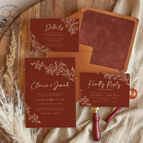 Terracotta Fall Wedding Invitation Template Instant Download - Etsy
