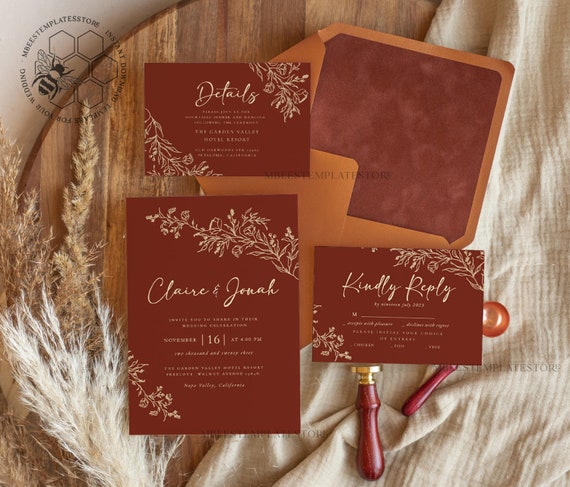 Boho Fall Wedding Invitations Set Template Instant Download - Etsy