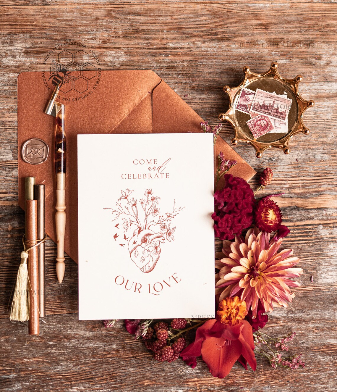 Boho Fall Wedding Invitations Set Template, Instant Download Printable ...