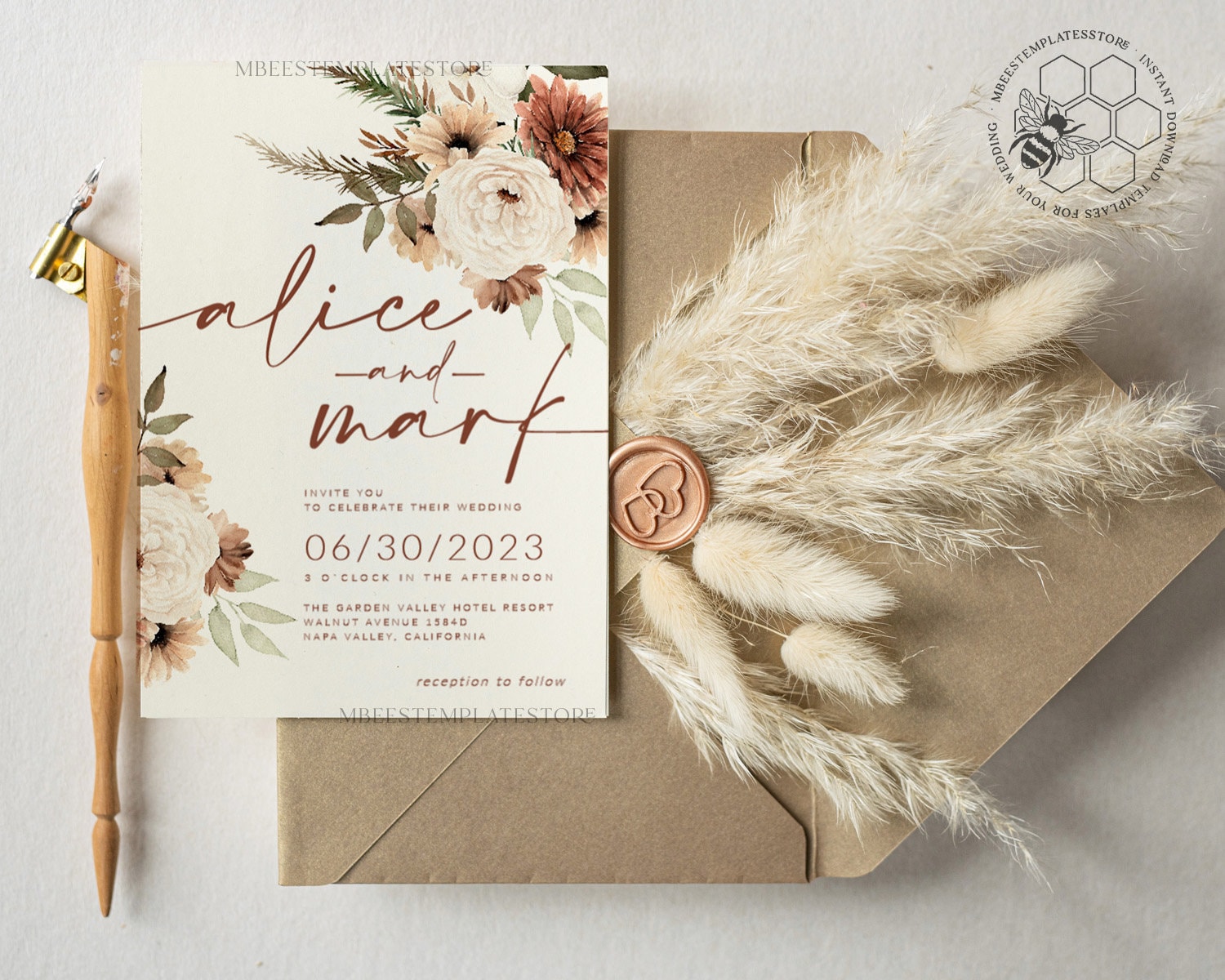Boho Chick Ivory Wedding Invitations Card Template Instant - Etsy