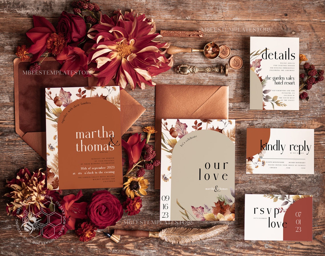 Boho Arch Wedding Invitations Set Template Instant Download - Etsy