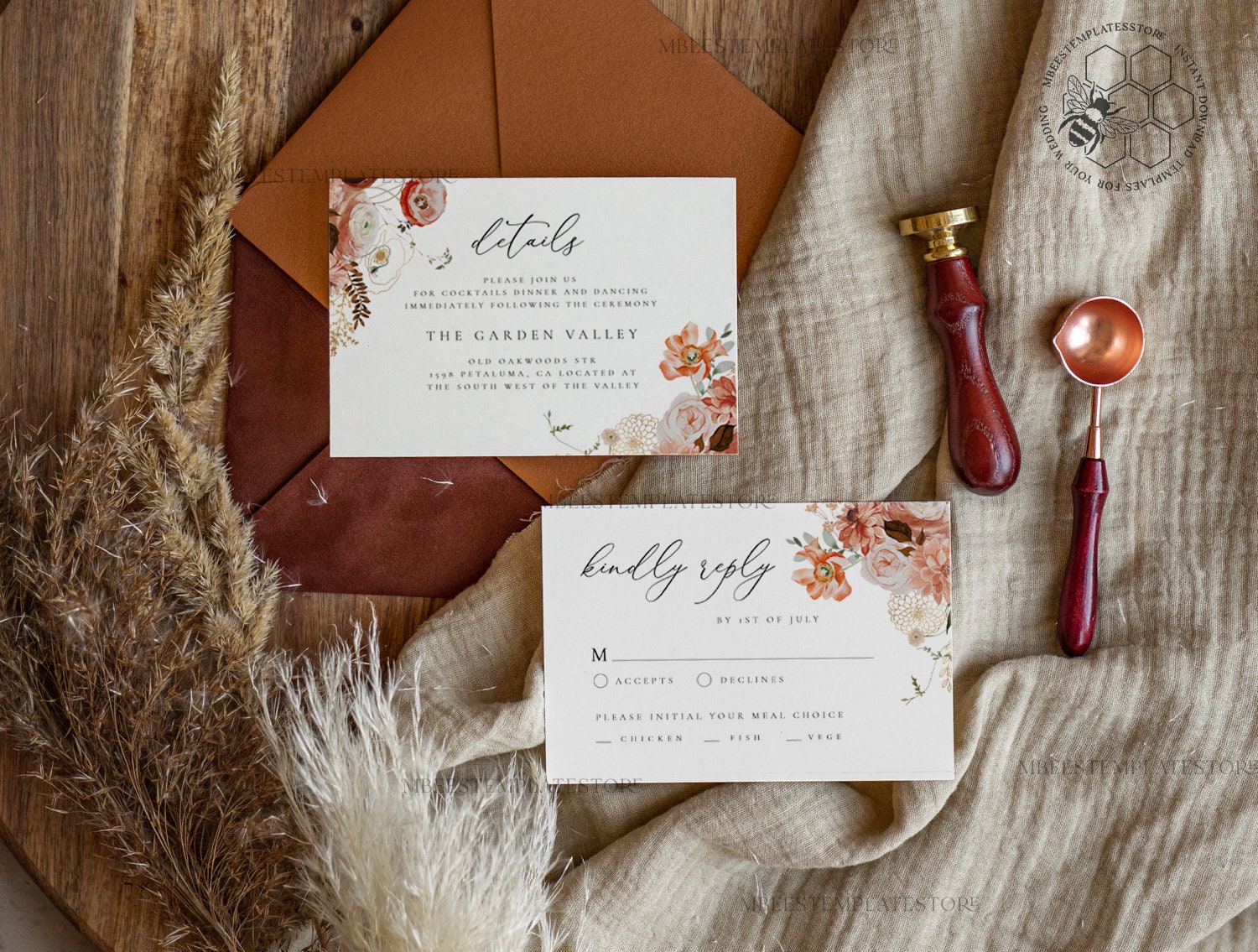 Boho Fall Wedding Invitations Set Template Instant Download - Etsy