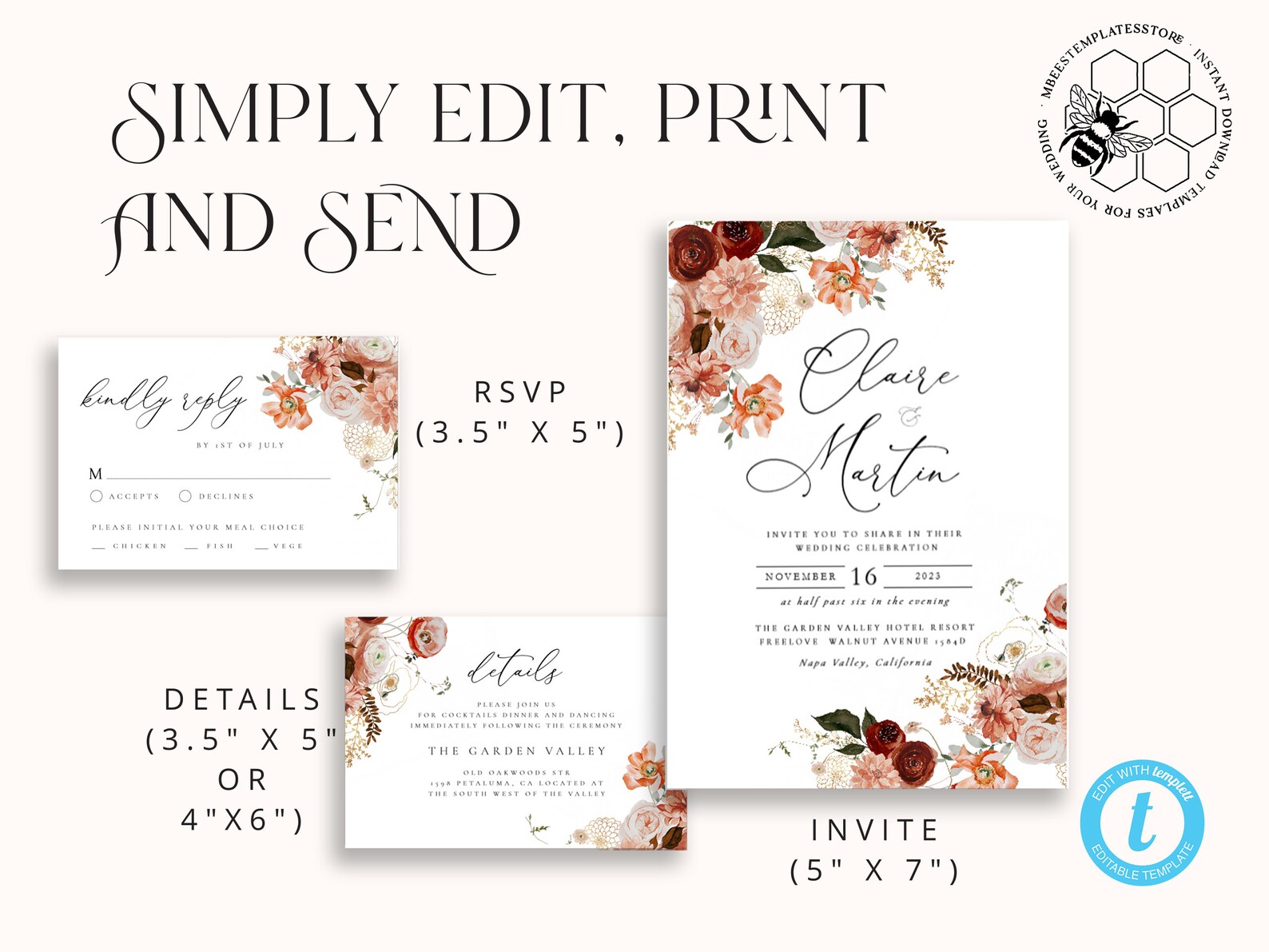 Boho Fall Wedding Invitations Set Template Instant Download - Etsy