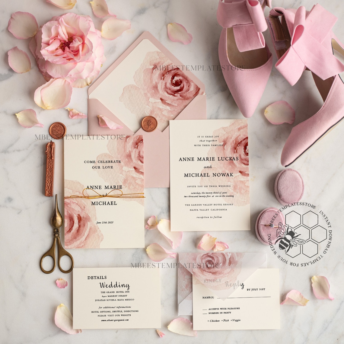 Elegant Blush Wedding Invitation Template Instant Download | Etsy