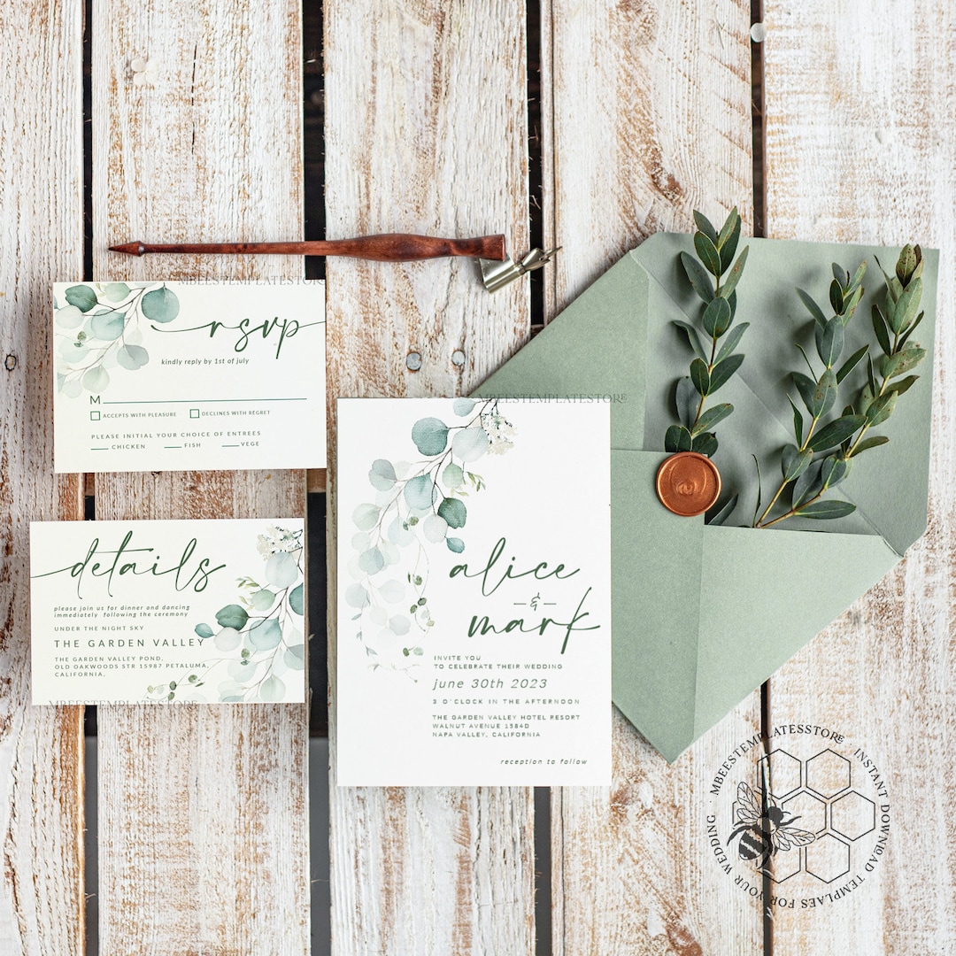 Sage Green Wedding Invitation Template, Instant Download Greenery ...