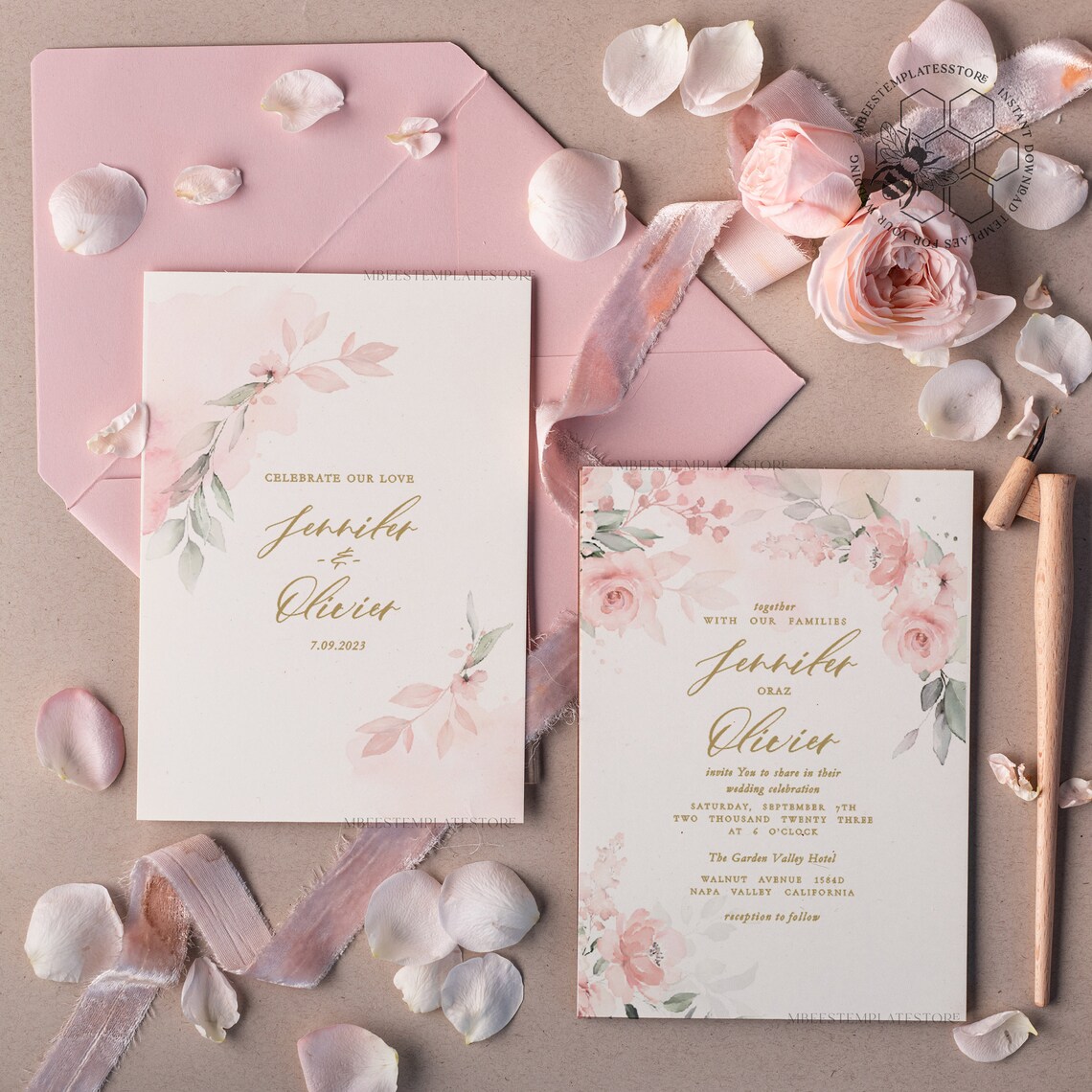 Elegant Blush Wedding Invitation Template, Instant Download Printable ...