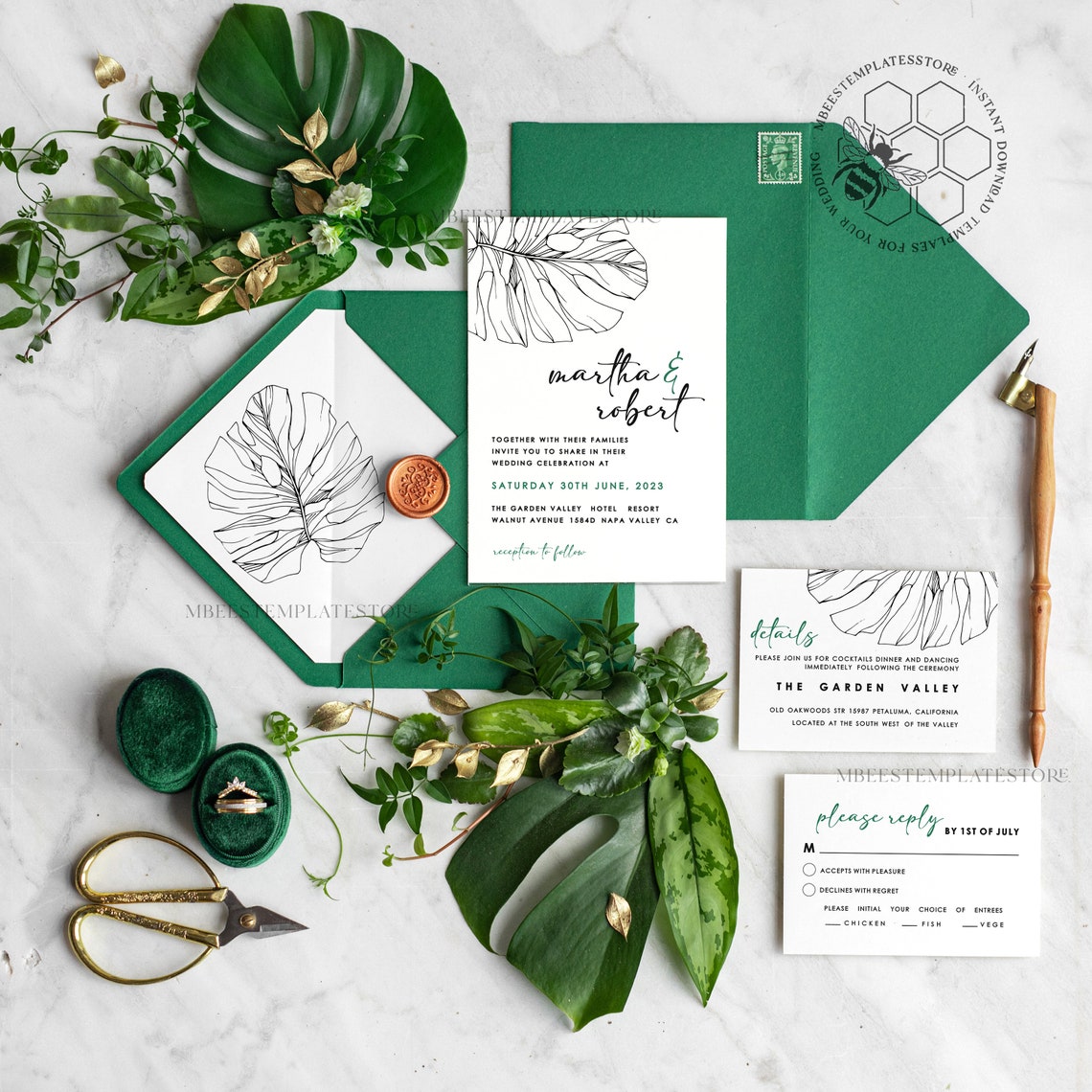 Monstera Green Wedding Invitation Template, Instant Download Greenery ...