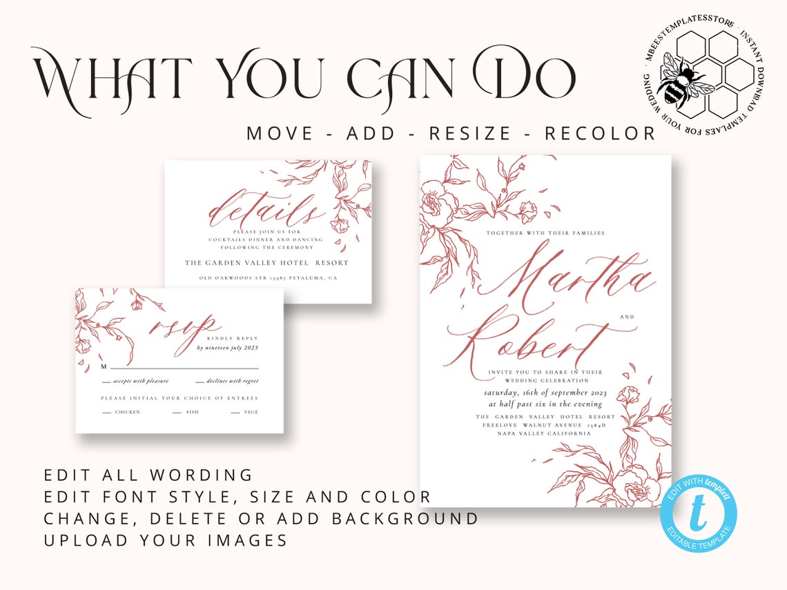 Maroon Fall Wedding Invitation Template Instant Download Boho - Etsy