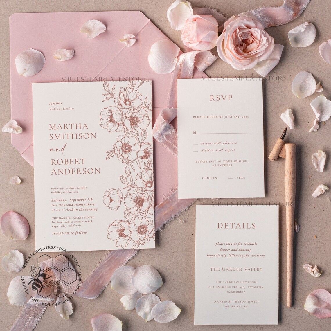Elegant Blush Wedding Invitation Template Instant Download - Etsy