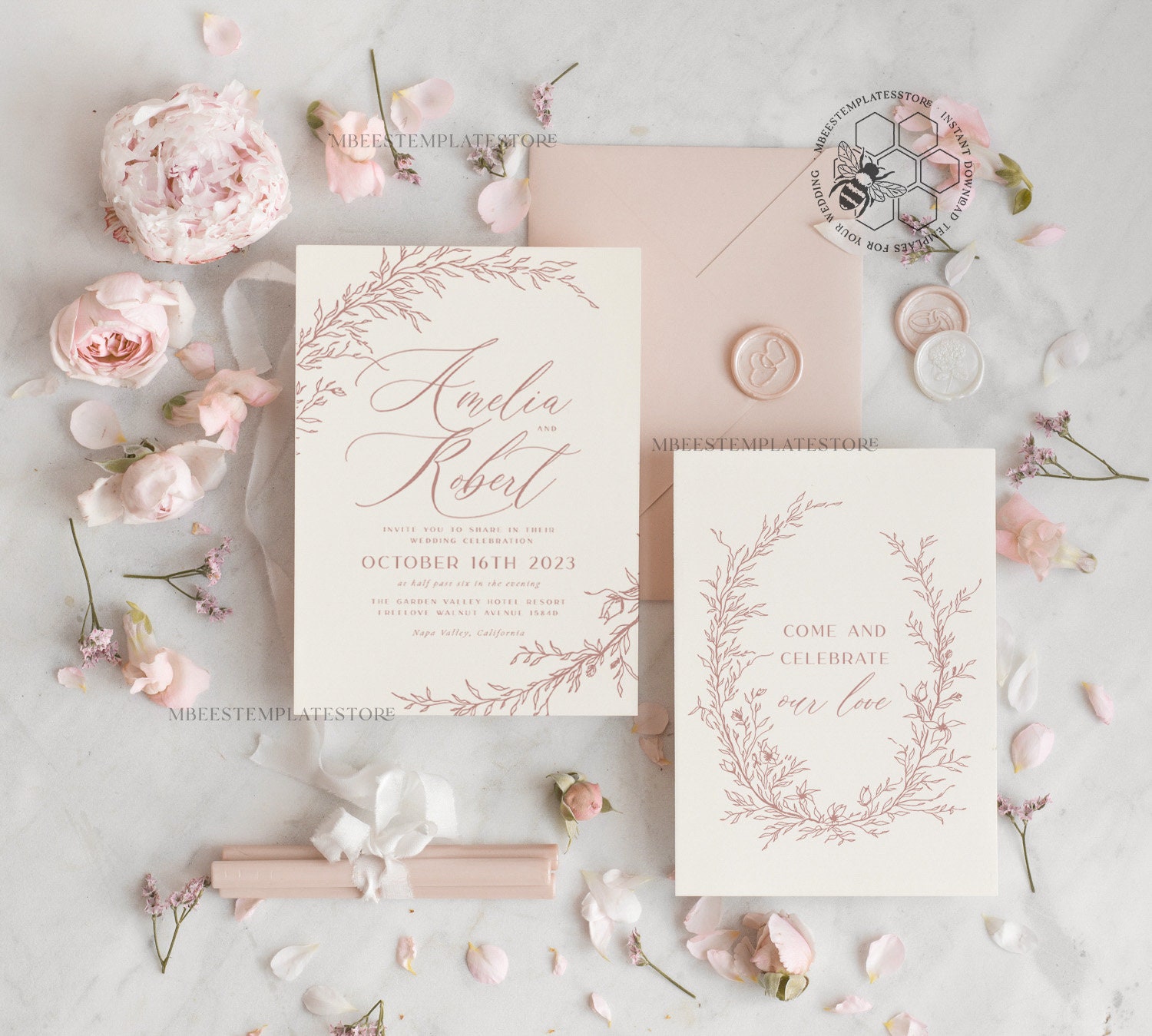 Boho Blush Pink Wedding Invitations Set Template Instant - Etsy UK