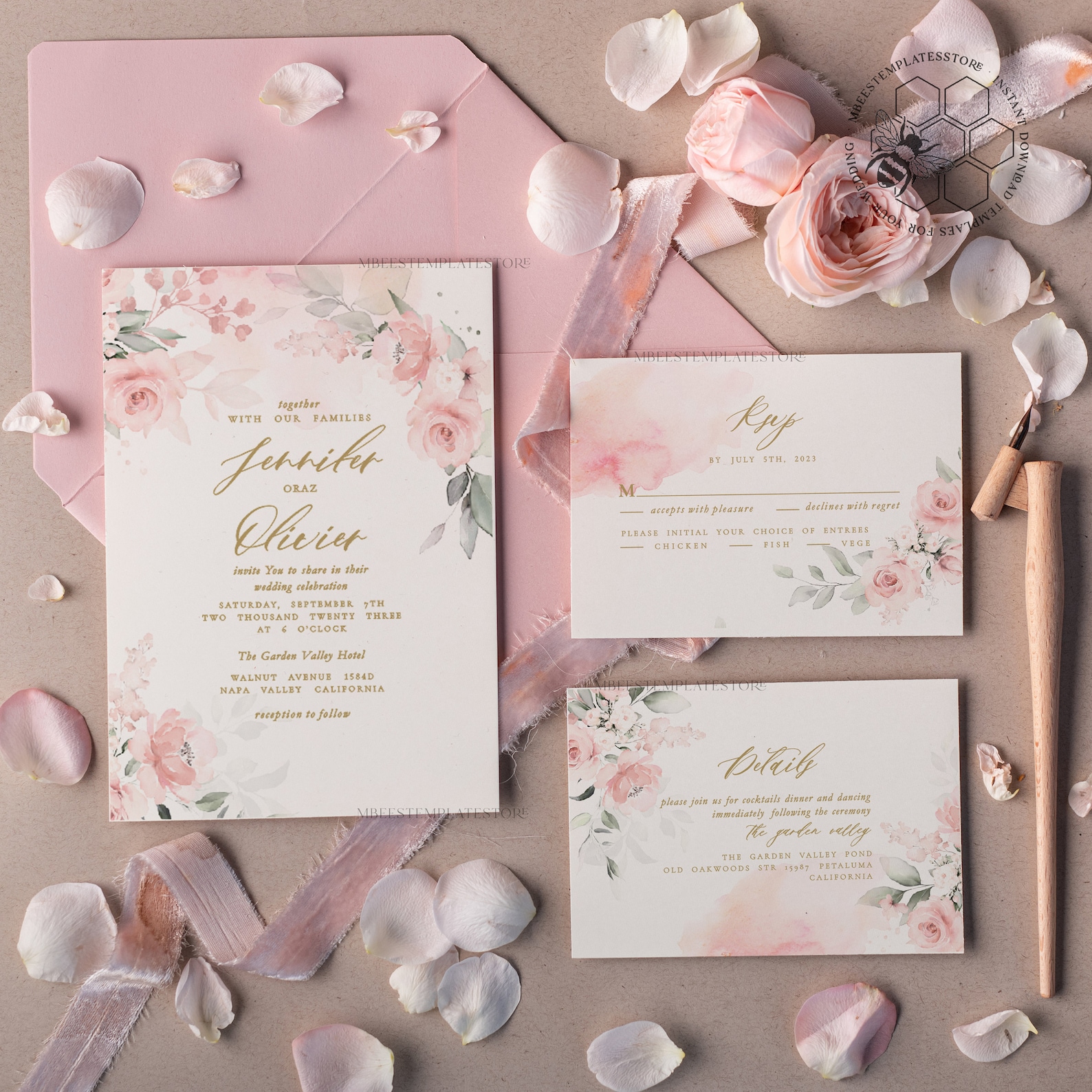 Elegant Blush Wedding Invitation Template, Instant Download Printable ...