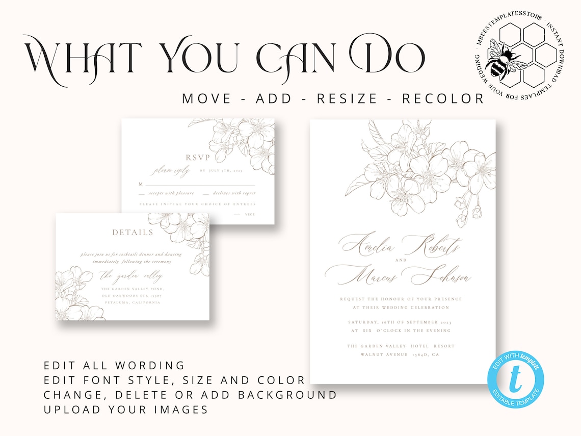 Modern Beige Wedding Invitation Template Elegant Instant - Etsy