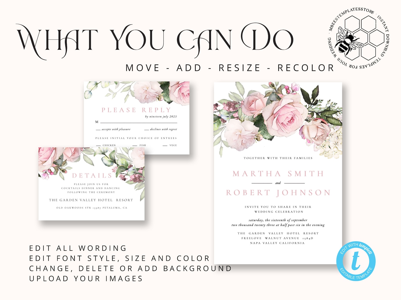 Elegant Blush Wedding Invitation Template Instant Download - Etsy