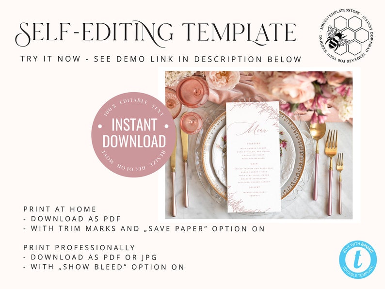 Boho Blush Pink Wedding Menu Template Dinner Menus Editable - Etsy