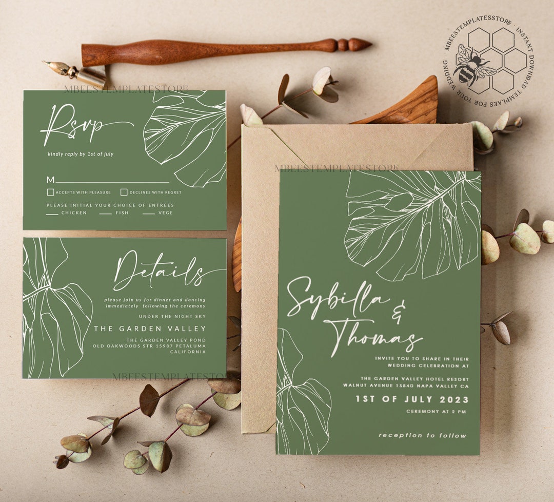 Sage Green Wedding Invitation Template, Instant Download Greenery ...