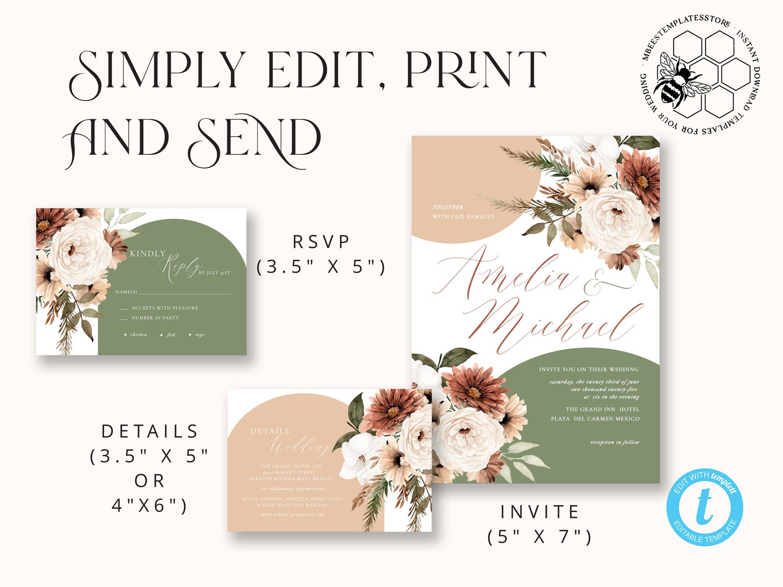 Sage Green Wedding Invitation Template Instant Download Boho | Etsy