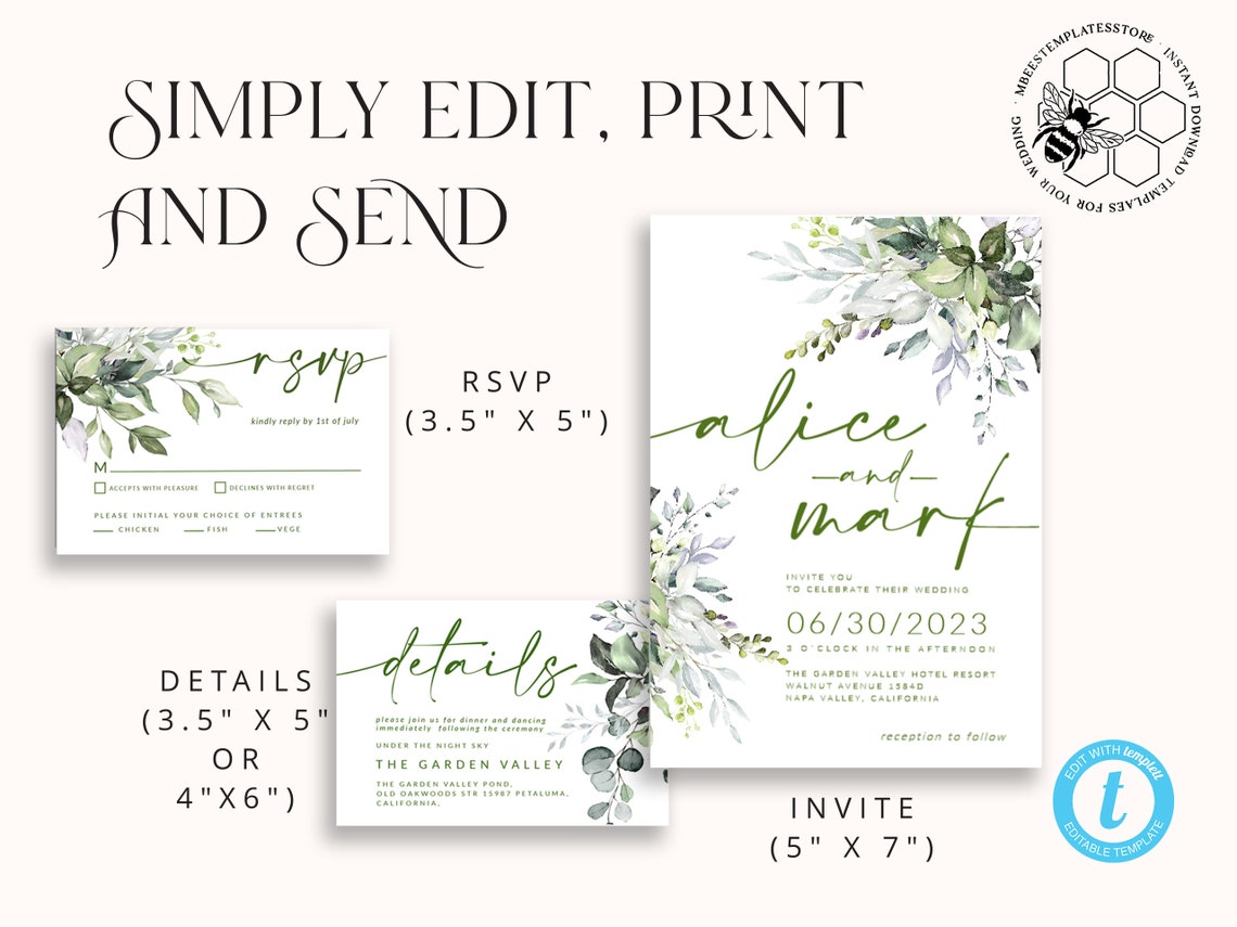 Sage Green Wedding Invitation Template Instant Download - Etsy