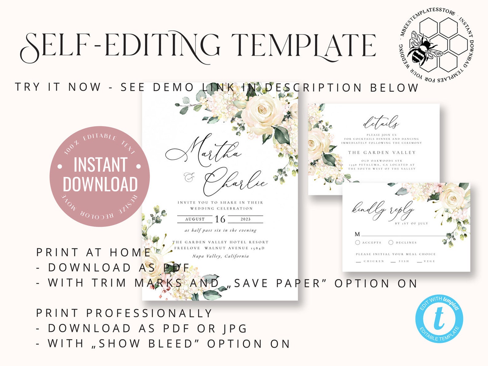 Floral Wedding Invitations Set Template, Instant Download Printable ...