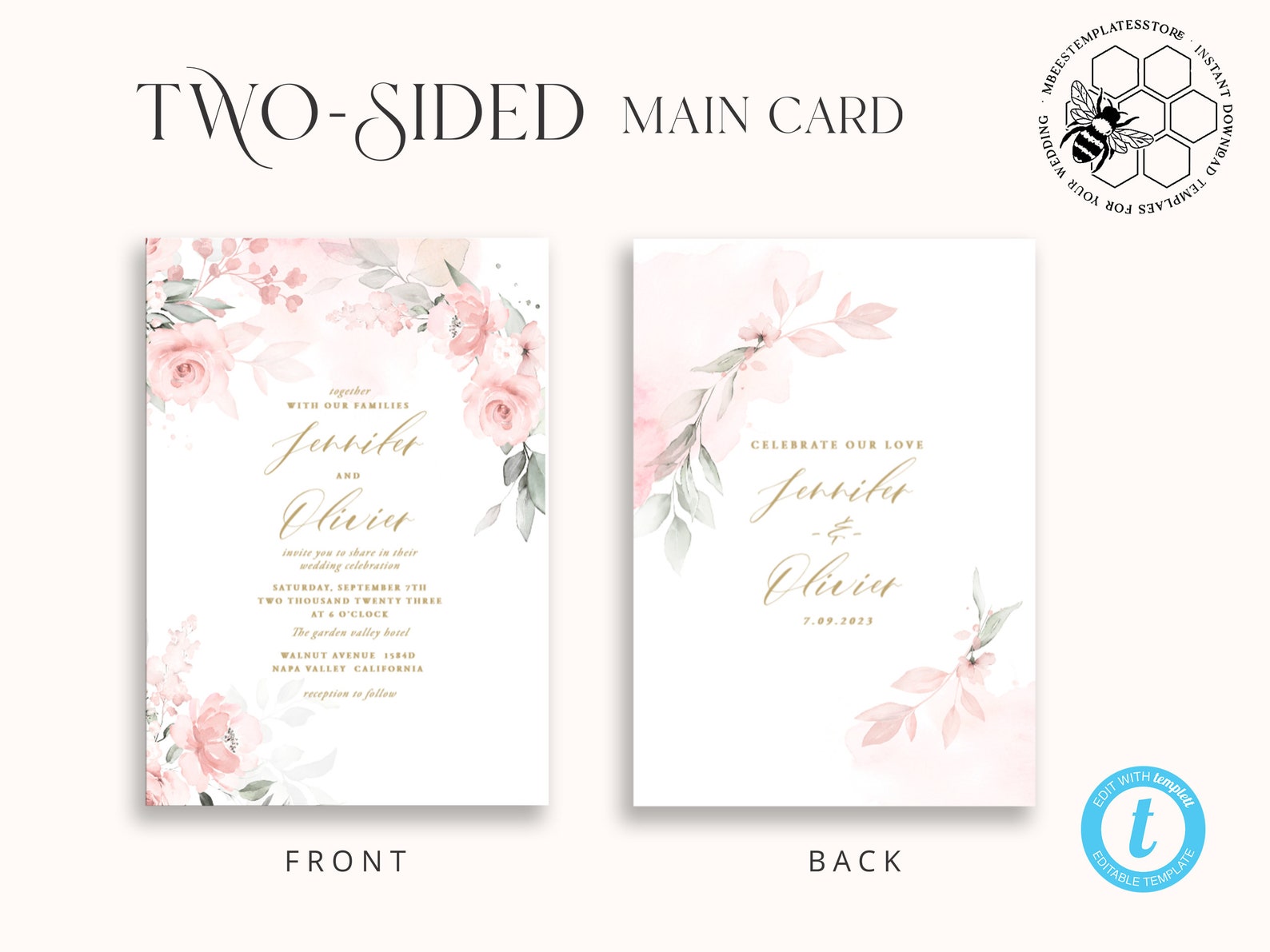 Elegant Blush Wedding Invitation Template, Instant Download Printable ...
