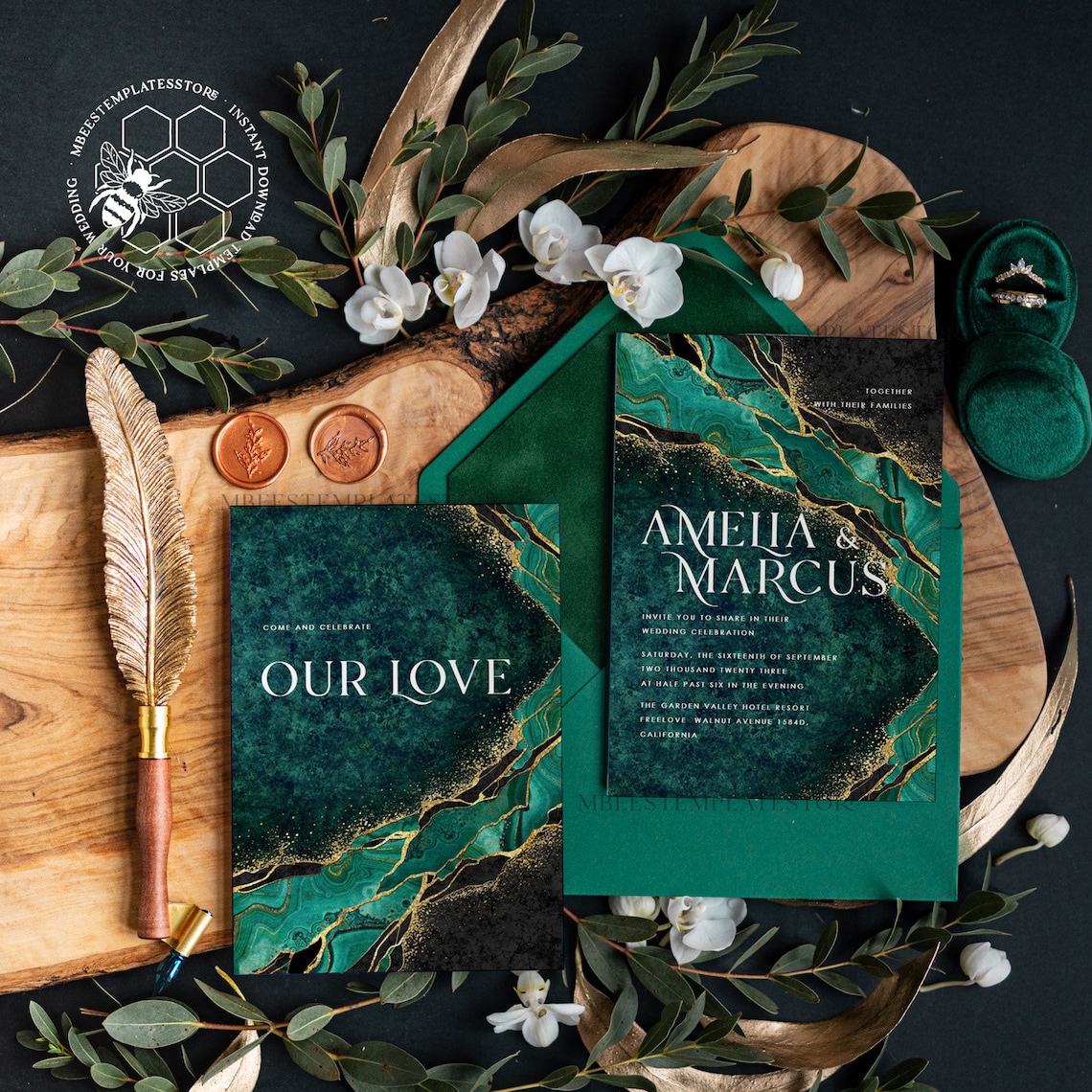 Emerald Green Wedding Invitation Template, Instant Download Greenery ...