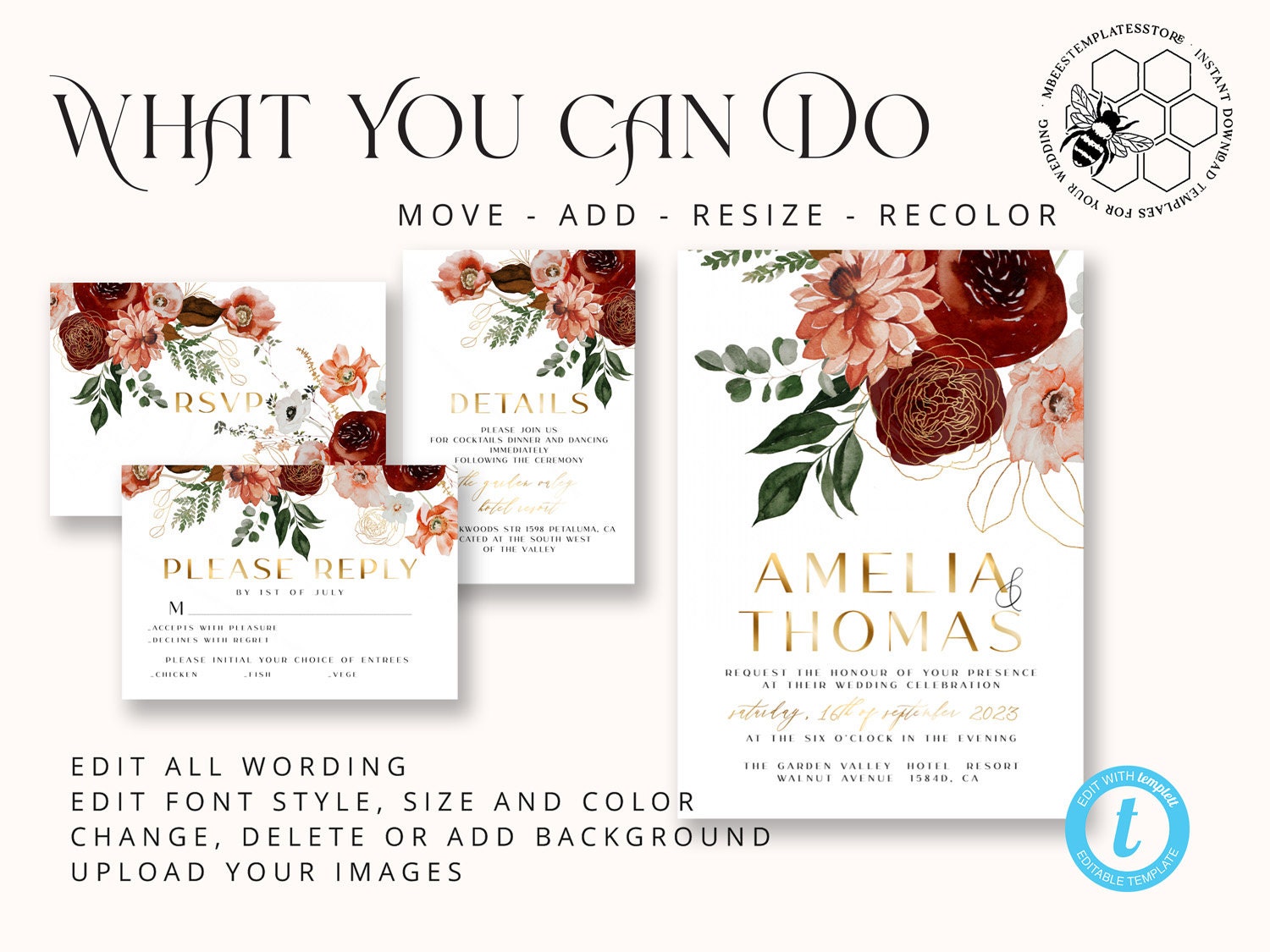 Boho Fall Wedding Invitations Set Template Instant Download - Etsy