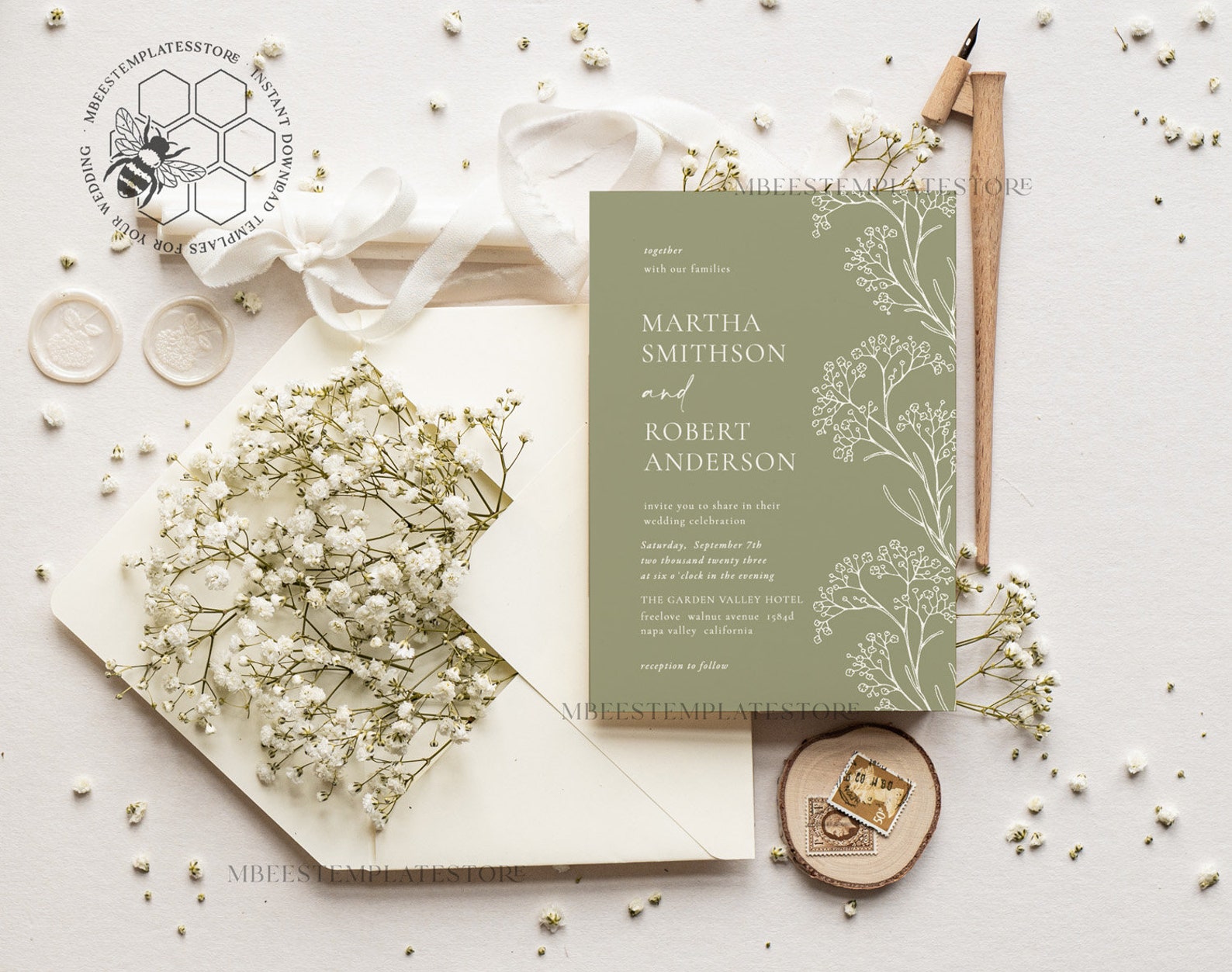 Sage Green Wedding Invitation Template Instant Download - Etsy