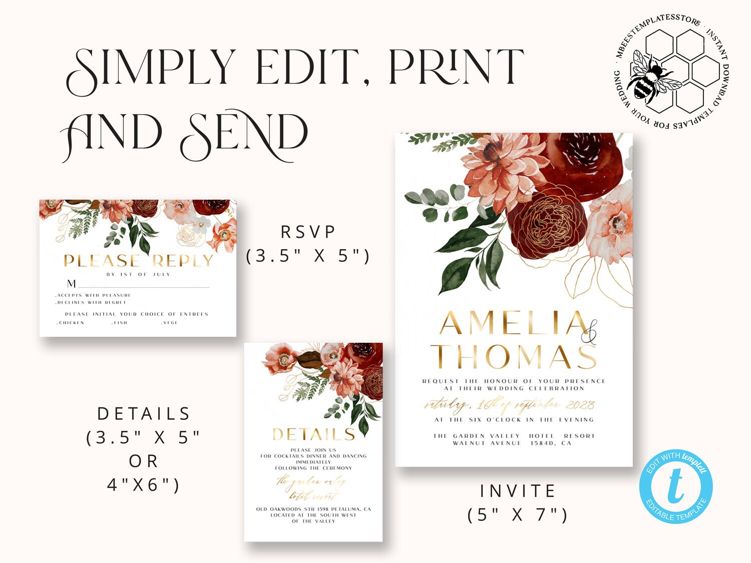 Boho Fall Wedding Invitations Set Template Instant Download - Etsy