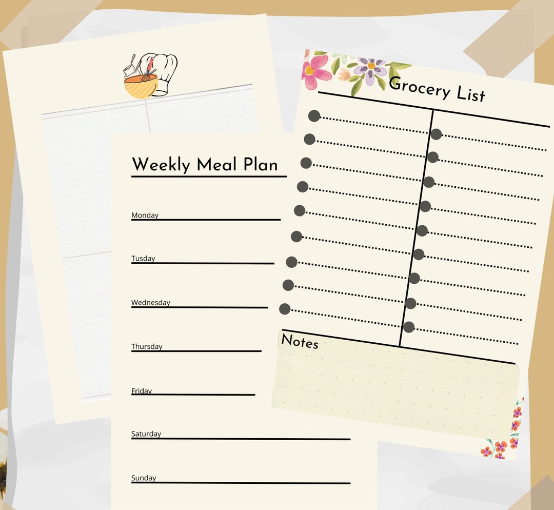 Weekly Meal Plan | Grocery List | Note Sheet | 3 Page Printable PDF ...