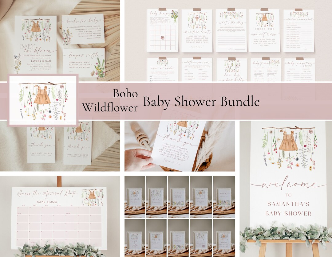 Boho Wildflower Baby Shower Bundle Editable Wildflower Baby Shower ...