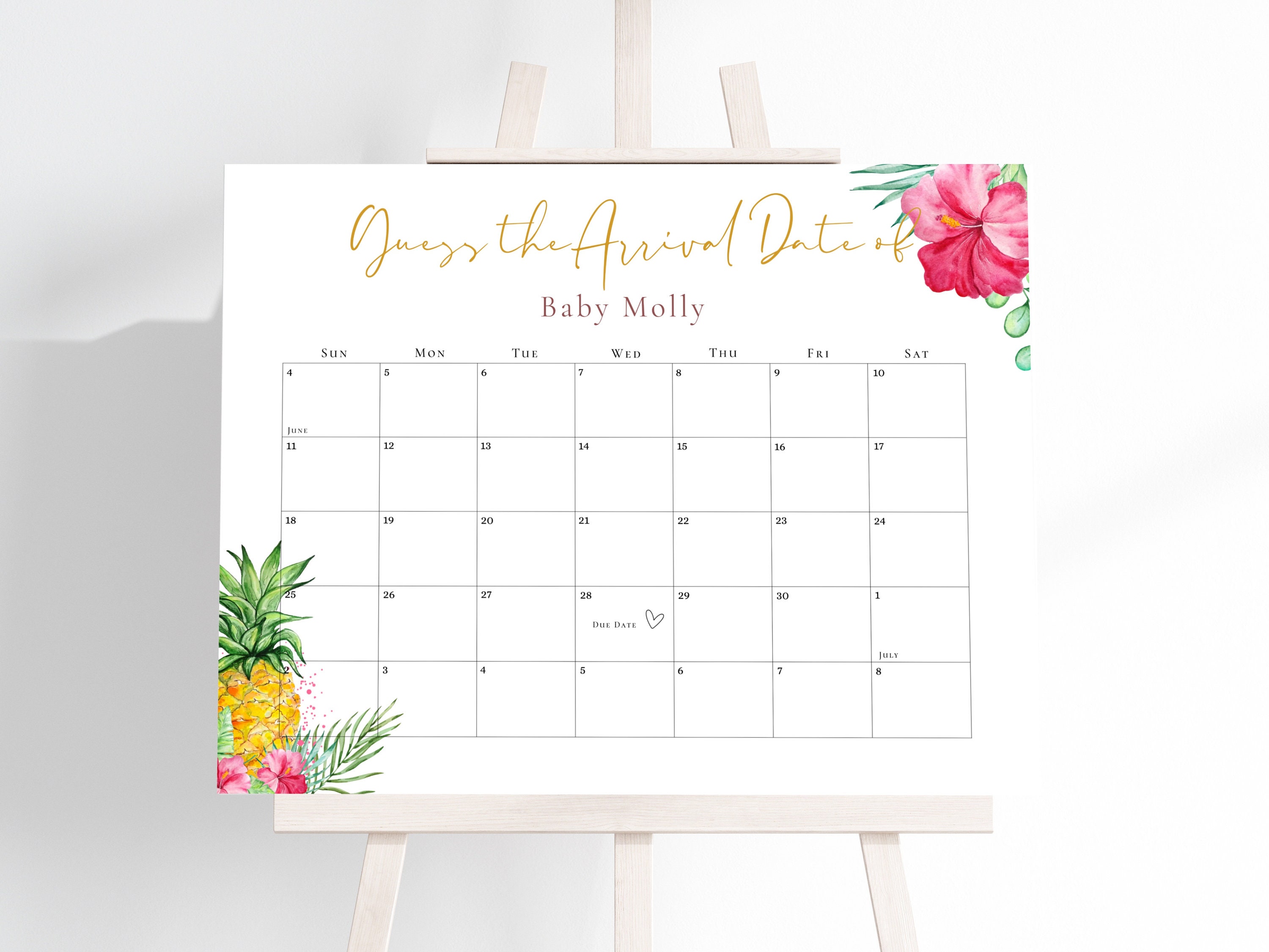 Guess the Arrival Date Aloha Baby Shower, Tropical Due Date Calendar ...