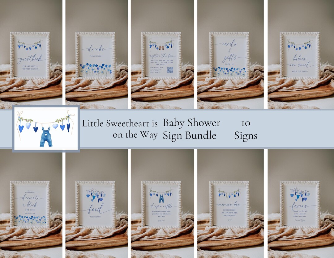Editable Blue Hearts Baby Shower Sign Bundle | Little Sweetheart Blue ...